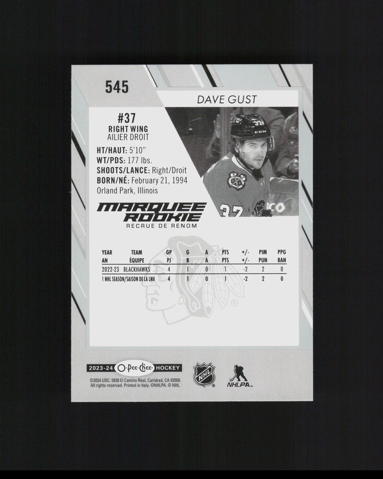 2023-24 O-Pee-Chee OPC #545 David Gust, Chicago Blackhawks MARQUEE ...