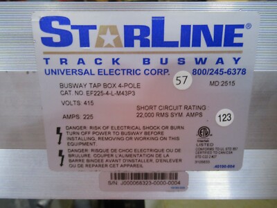 Starline EF225-4-L-M43P3, 225 Amp, 415 Volt, 3PH 4W, Busway Tap Box | eBay
