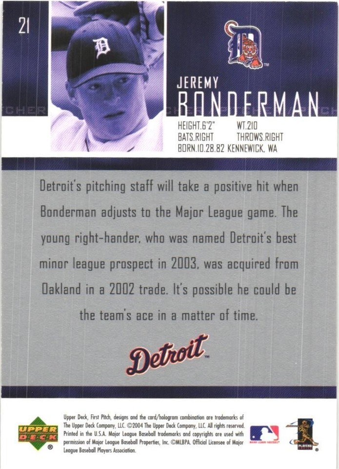 2004 Upper Deck First Pitch #21 Jeremy Bonderman Detroit Tigers Star ...