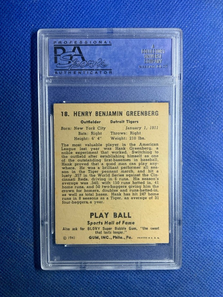 1941 Play Ball Baseball Card #18 Hank Greenberg HOF Psa 7 | eBay