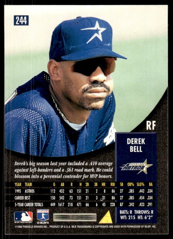 1996 Pinnacle Baseball Card Derek Bell Houston Astros #244 | eBay
