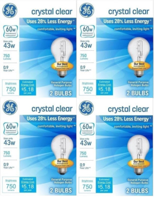 GE 60-WATT Light Bulbs Crystal Clear 750 Lumens Dimmable Classic 8 ...