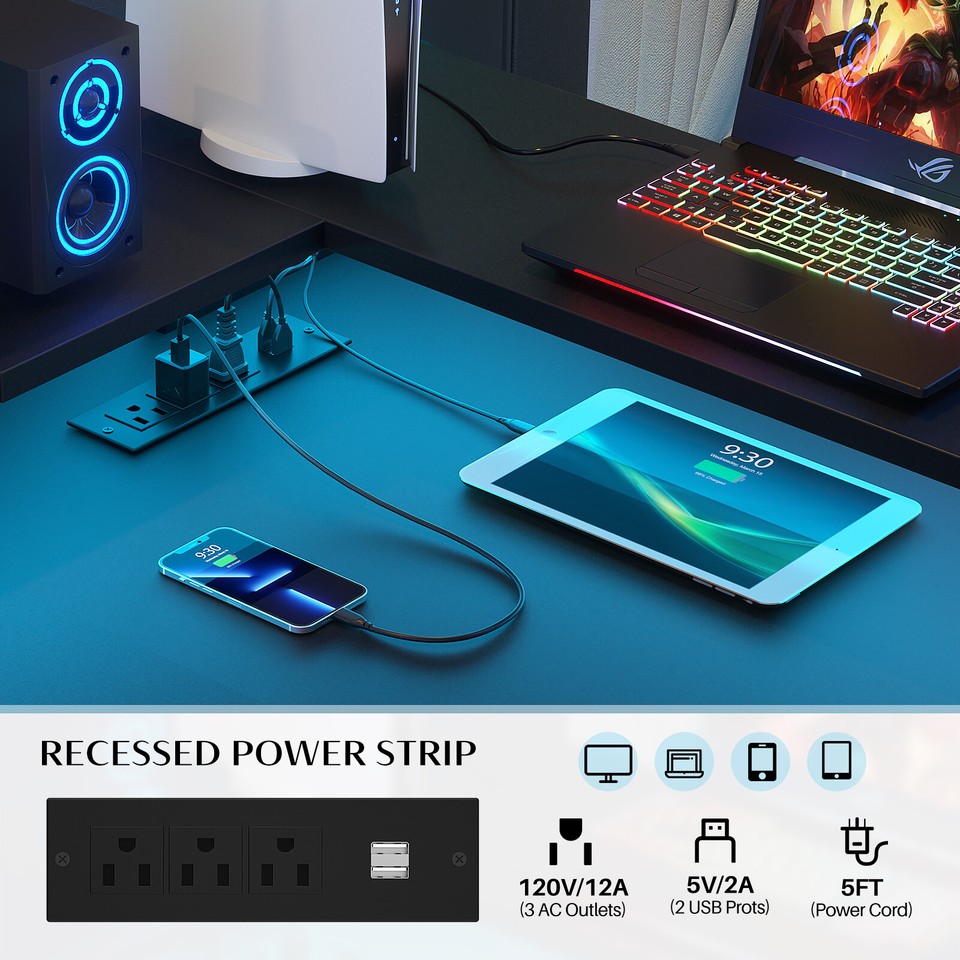 L Shaped Computer Desk with Power Outlet ＆ LED Lights, Office Desk w ...