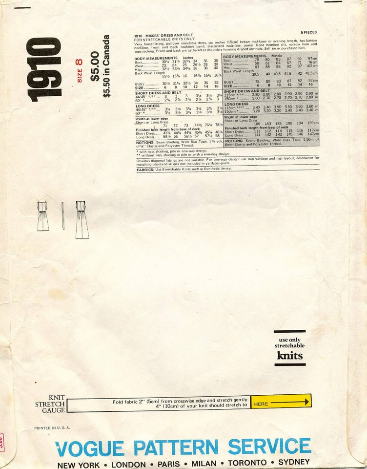 1970's VOGUE French Boutique Dress & Belt Renata Pattern 1910 Size 8 | eBay