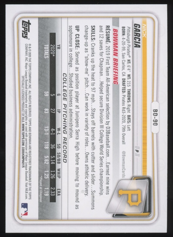 2020 BOWMAN DRAFT #BD-90 NICK GARCIA PAPER BASE QTY AVAIL PIRATES | eBay