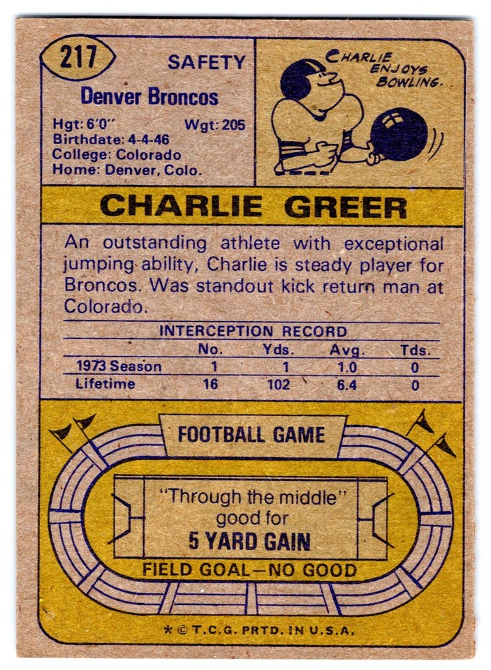 CHARLIE GREER RC 1974 TOPPS 74 NO 217 EXMINT 47928 | eBay