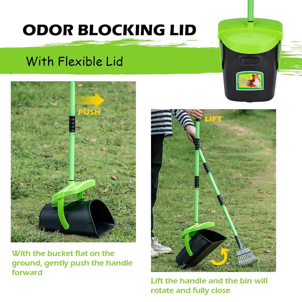 MXF Pooper Scooper Swivel Bin & Rake Kit with 20 Waste Bags, 36.6" Long ...