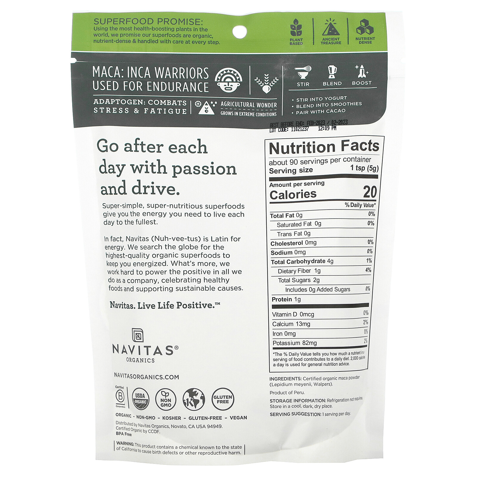 Navitas Organics Organic Maca Powder 16 oz 454 g B Corp, BPA-Free ...