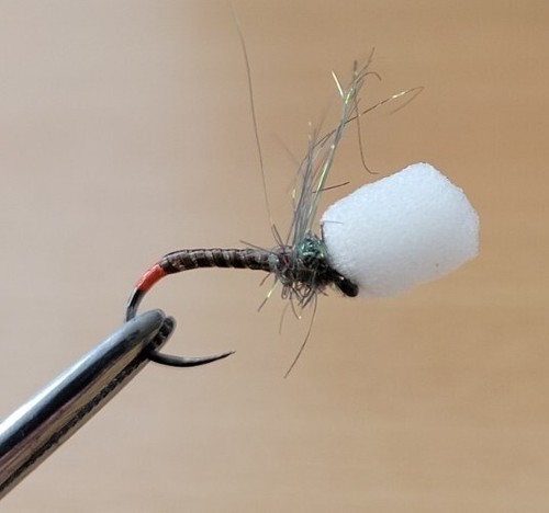 3 barbless suspender foam brown Buzzer red tag pearl flash Trout Fly ...