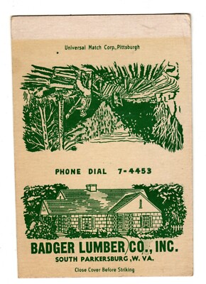 BADGER LUMBER CO salesman sample matchcover - SOUTH PARKERSBURG, WEST ...