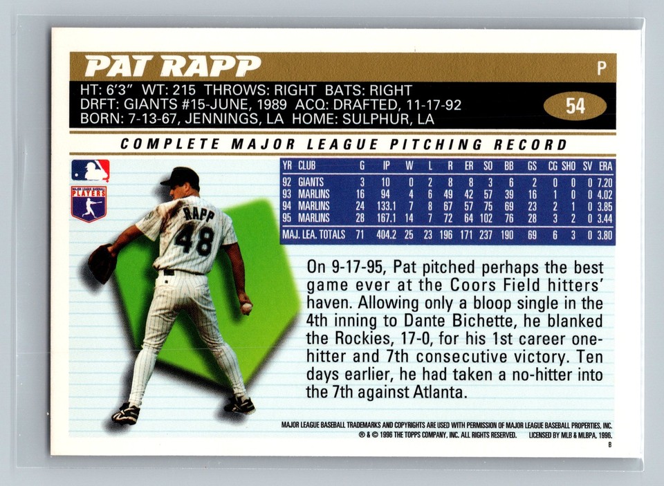 1996 Topps Pat Rapp #54 Florida Marlins | eBay