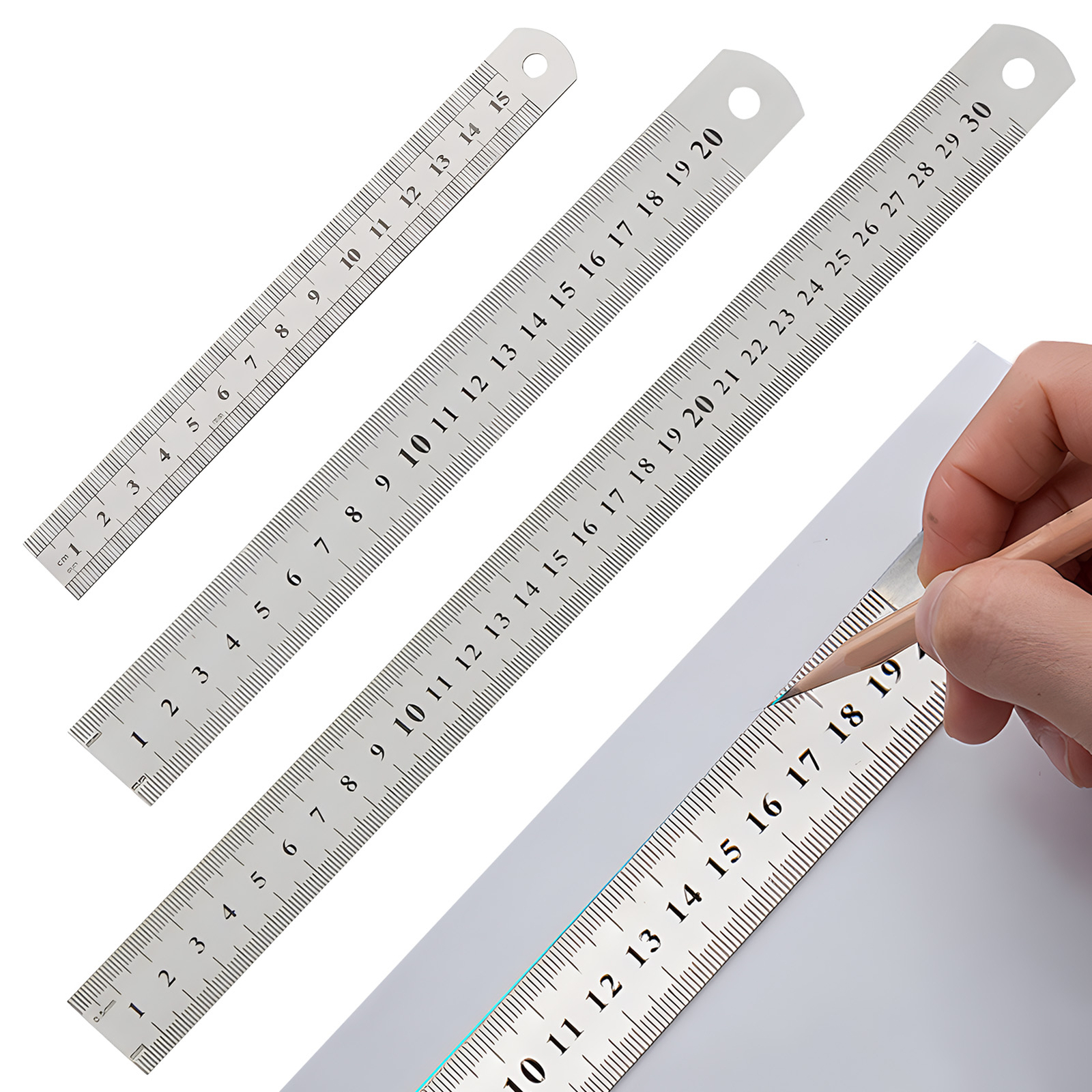 3pcs Student Teacher 15 20 30cm Double Sided Scale Stainless Steel ...