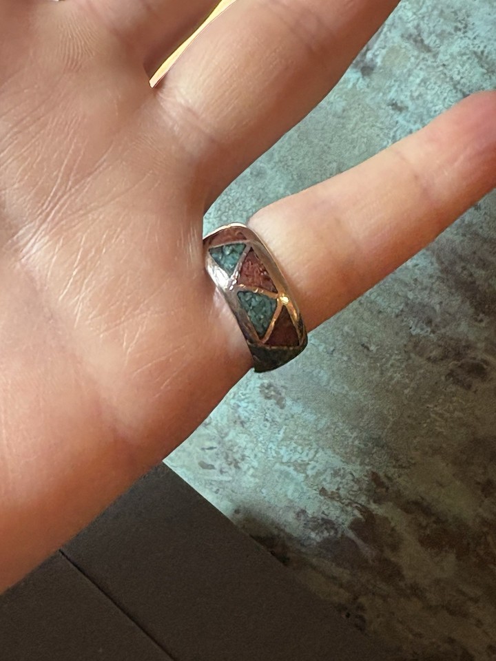 926 Sterling Silver Native Crushed Inlaid Turquoise & Coral Band Ring ...