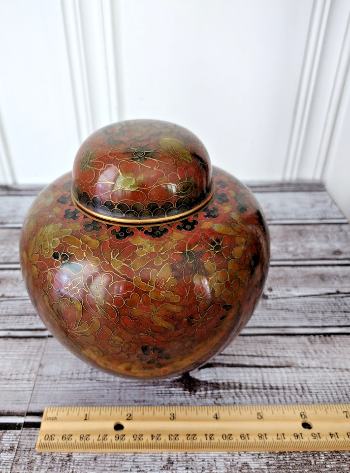 Vintage Jingfa Dark Earth Tone Floral Lotus Cloisonne Enamel Ginger Jar ...