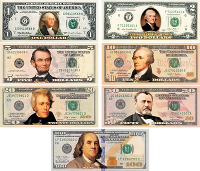 * Complete Set of 7 * COLORIZED 2-SIDED U.S. Banknotes $1/$2/$5/$10/$20 ...