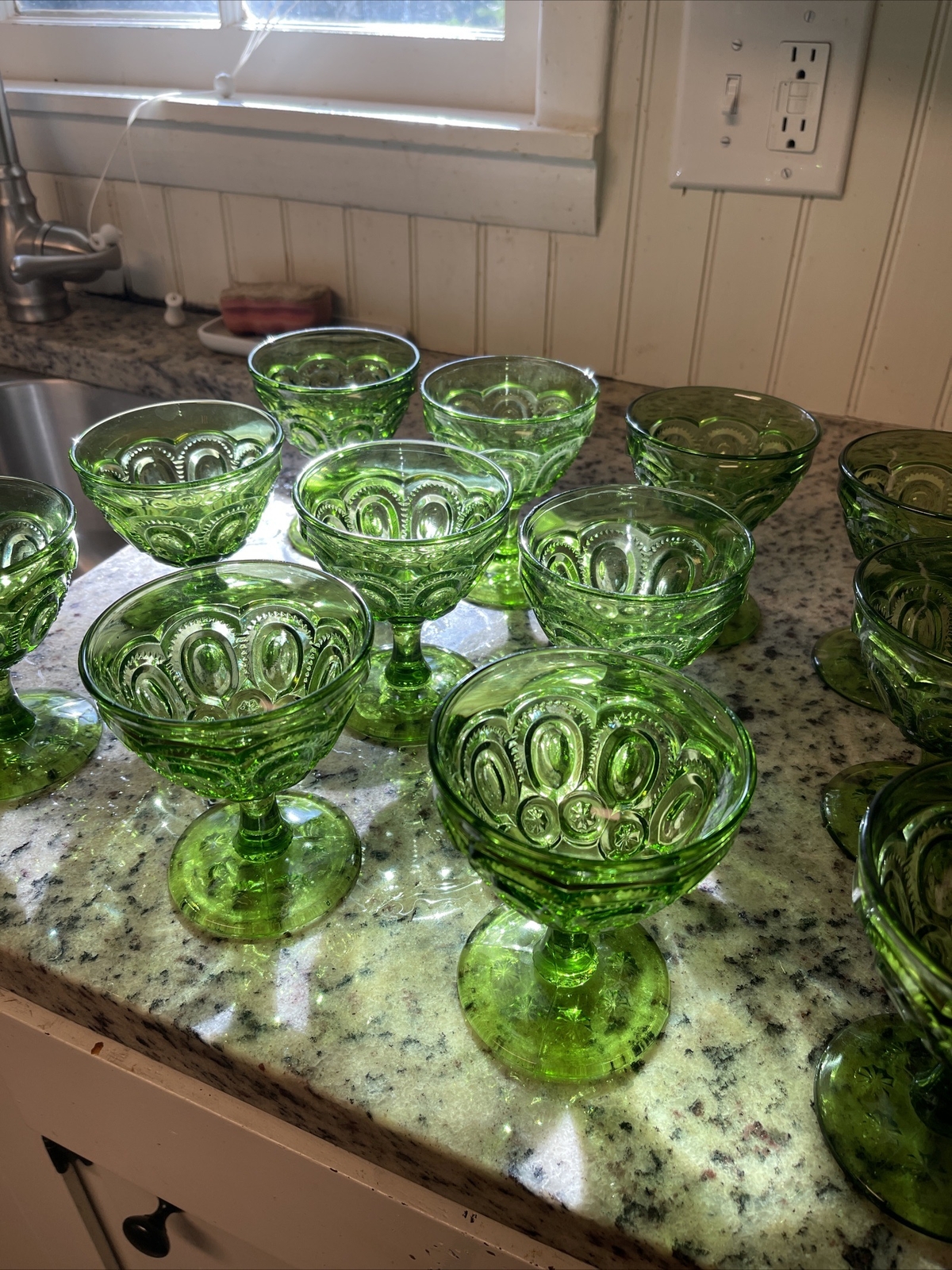 L.E Smith moon and star Green glass compote Set Of 12 | eBay