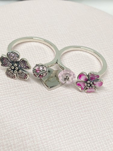 Genuine Pandora Pink Peach Blossom Flower Double Finger Ring | eBay ...