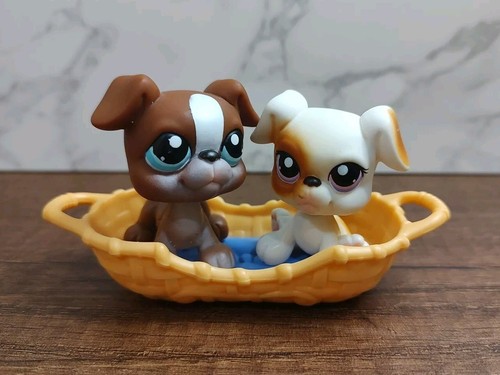 Littlest Pet Shop LPS #83 #84 Boxer Brown And White Puppy Dogs Basket ...
