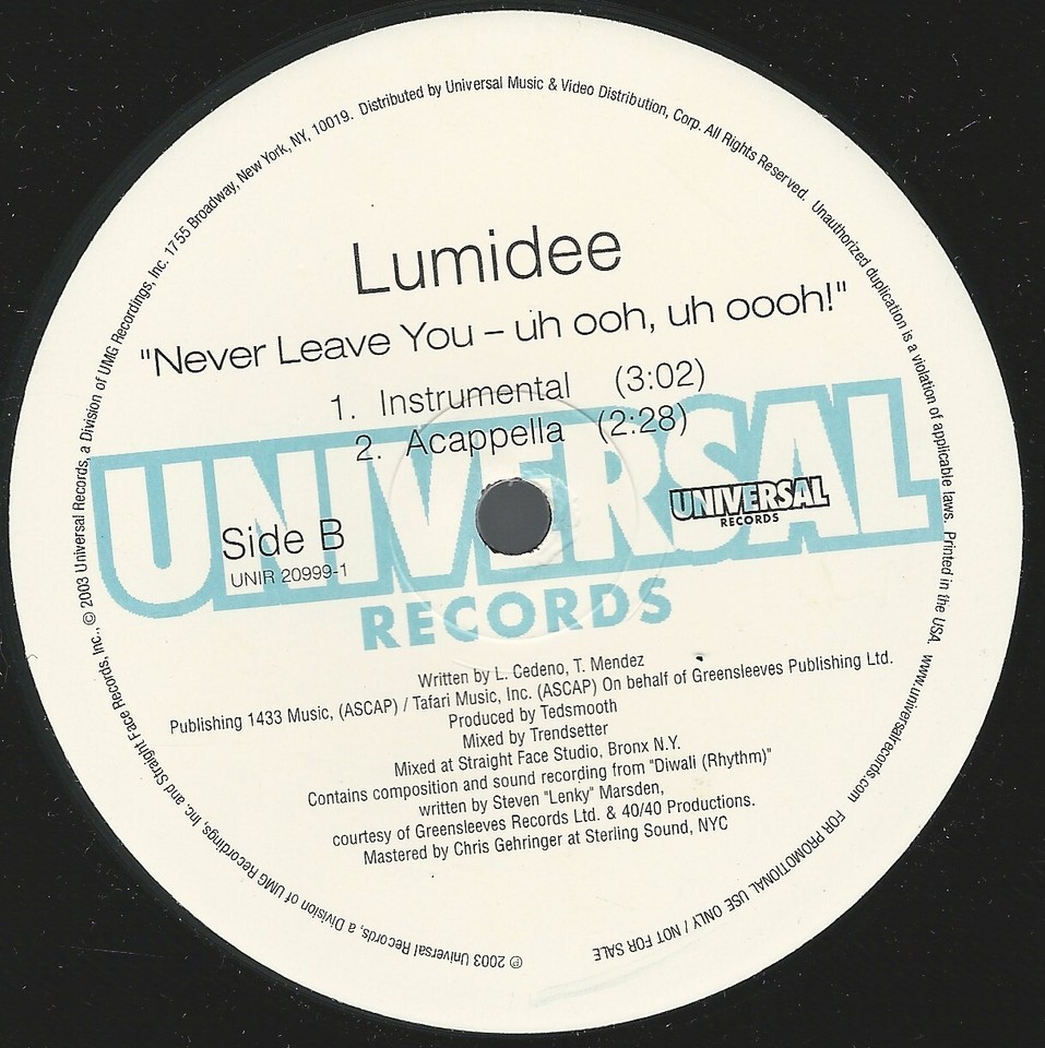 VINYL 12" LUMIDEE PROMO - NEVER LEAVE YOU - UH OOH UH OOOH ( MAIN ...