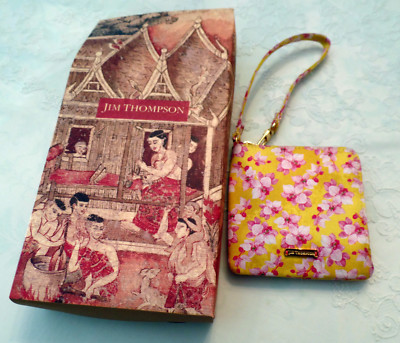 New Jim Thompson Silk Yellow Purple Floral Wristlet Strap Purse w/ JT ...