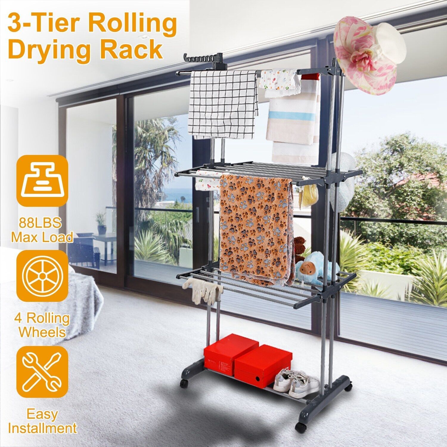 Clothes Drying Rack 3 Tier Laundry Rolling Dryer Hanger Stand Folding ...