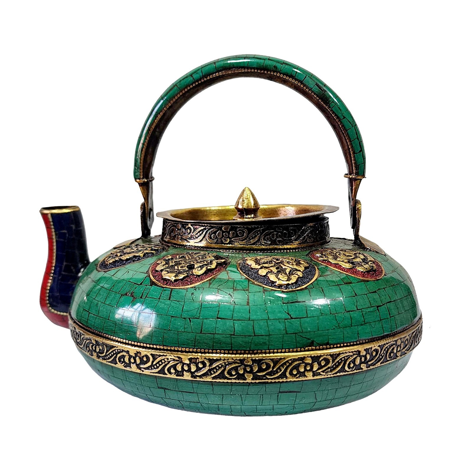 Tibetan Turquoise Stone Mosaic Tea Pot Kettle Water Copper Vessel ...