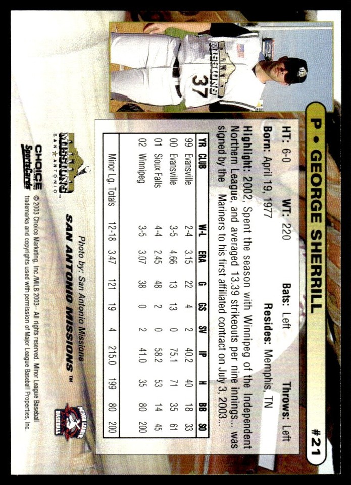 2003 Choice San Antonio Missions Update IP Signed Auto George Sherrill ...