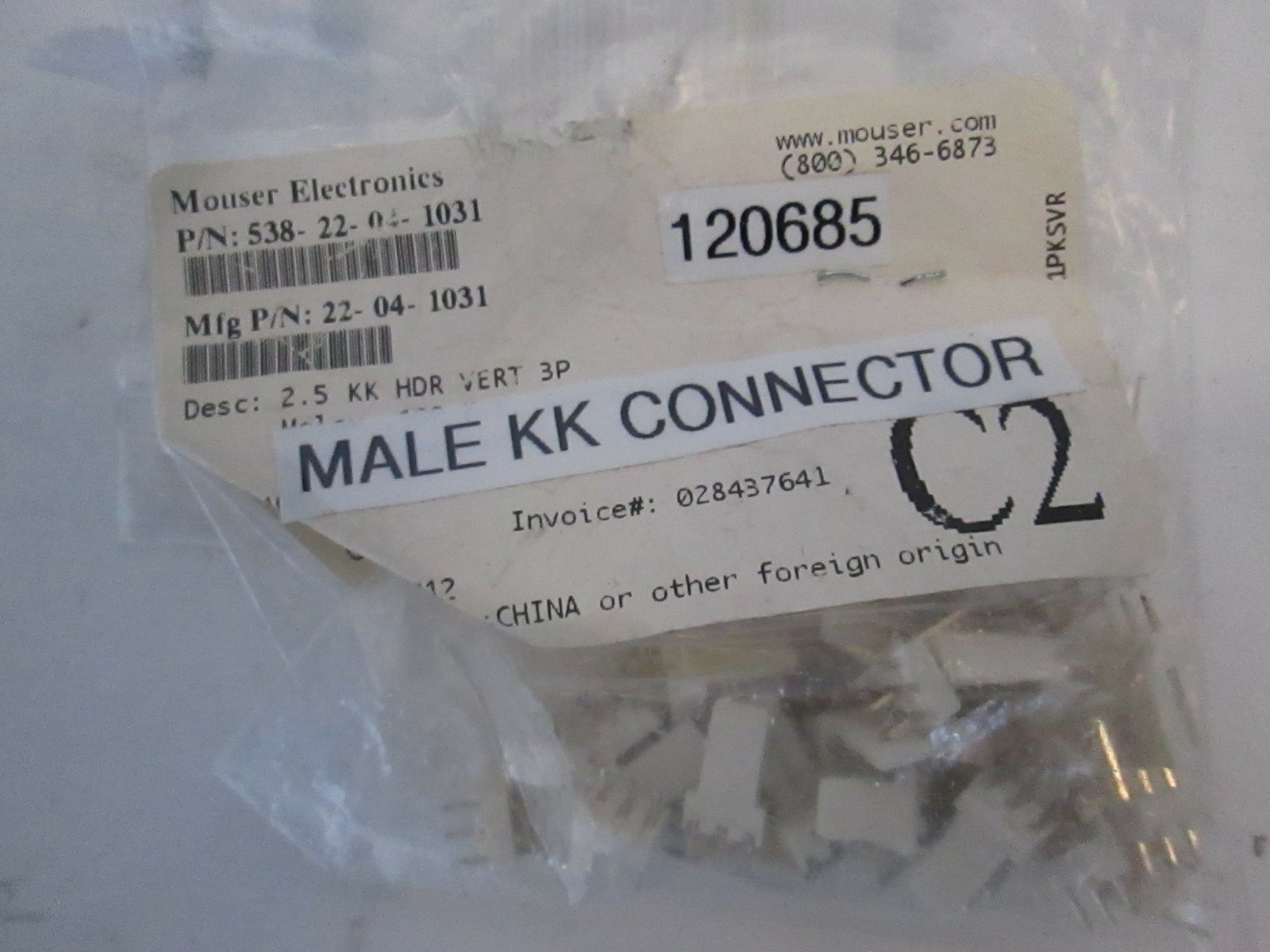 Mouser Electronics Male KK Connector, 2.5 KK HDR Vert 3P, New Lot of 30 ...