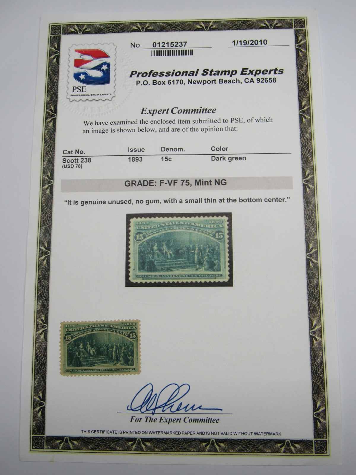 PSE Certified Stamp 1893 U.S. POSTAGE 15¢ GRADE: F-VF75, Mint NG Stamp ...