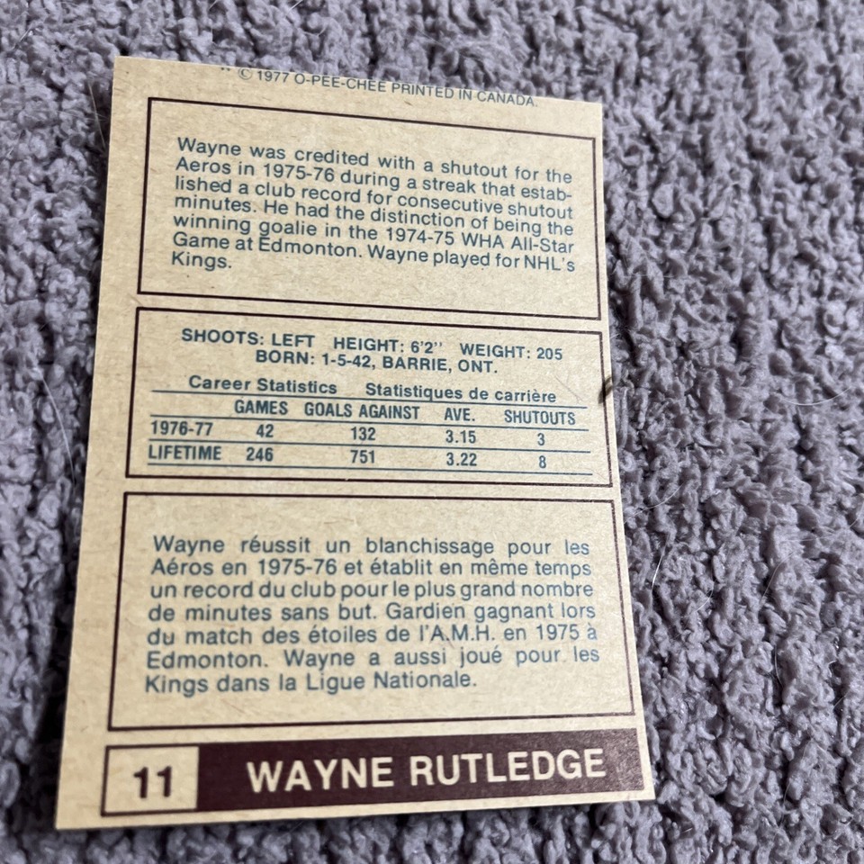 1977-78 O-Pee-Chee WHA Hockey Card #11 Wayne Rutledge Houston Aeros | eBay