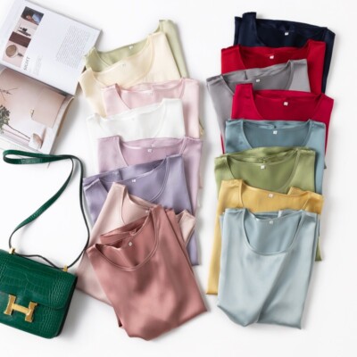 100% Mulberry Silk Soild Colors Short Sleeve Women T-Shirt Shirt Top ...