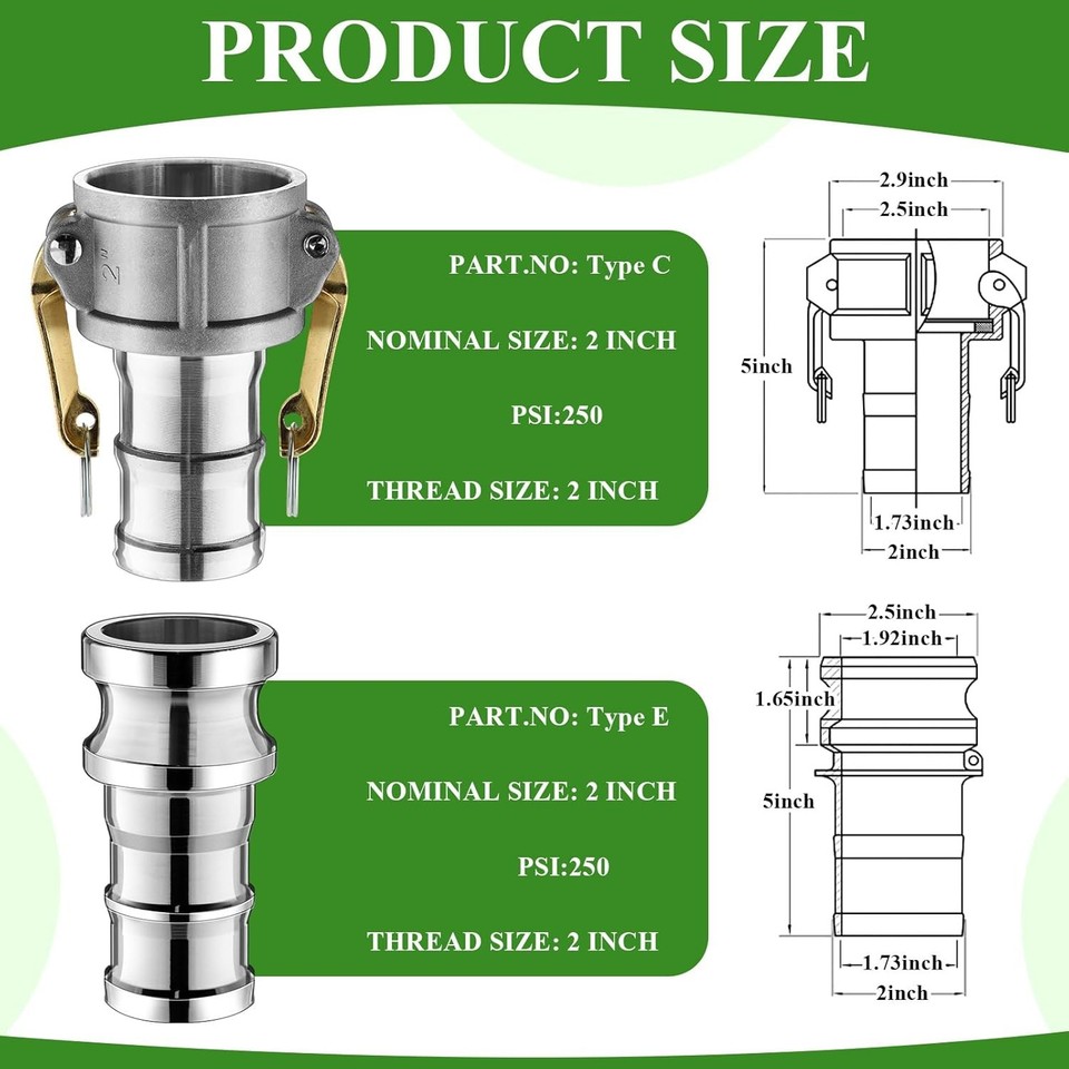 4 Set Camlock Fittings Type C&E 2 Inch Aluminum Cam And Groove Hose ...