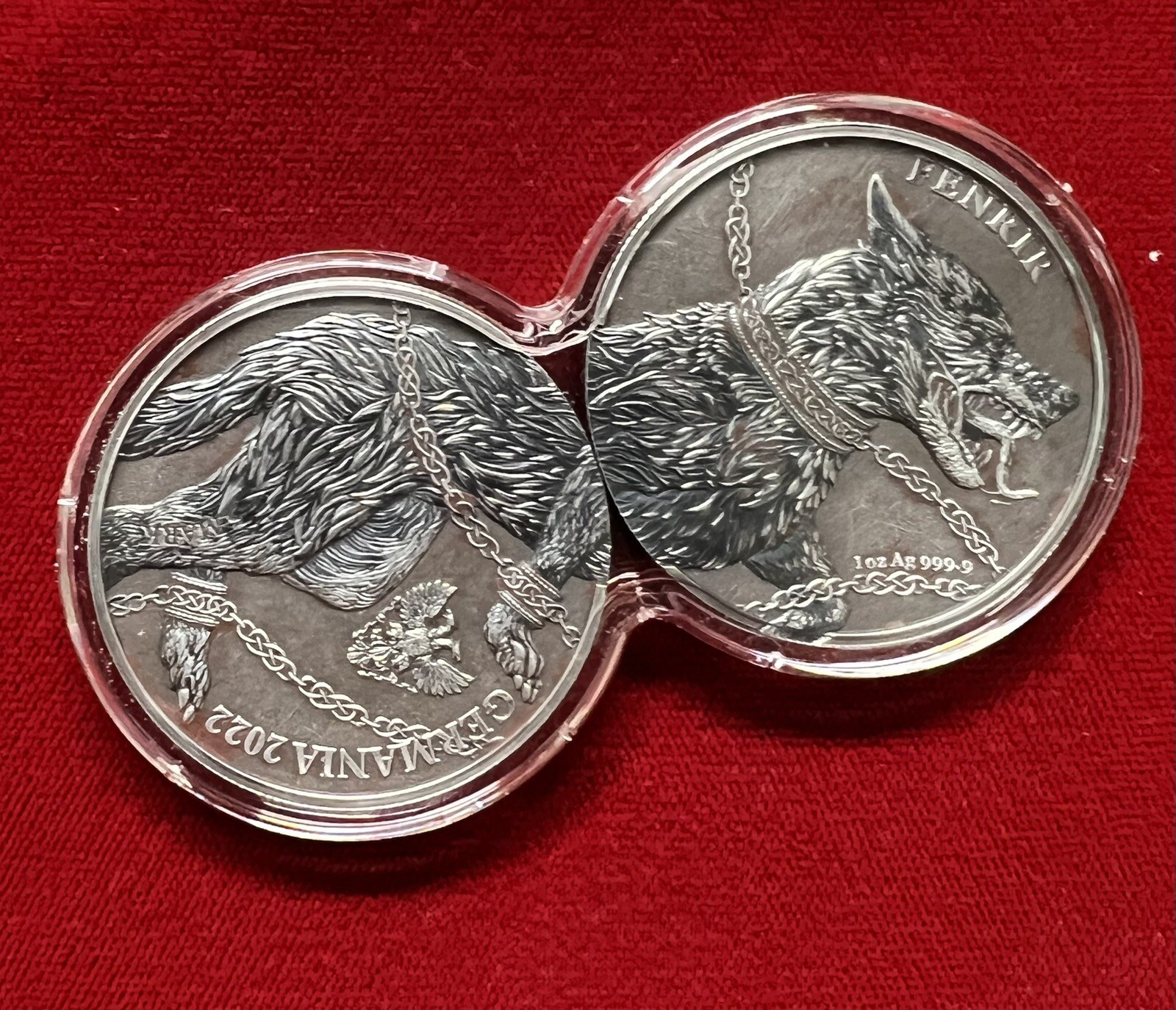 🔥🔥 2022 Germania Beasts Fenrir 2x1 oz silver ANTIQUED in dual Capsule ...