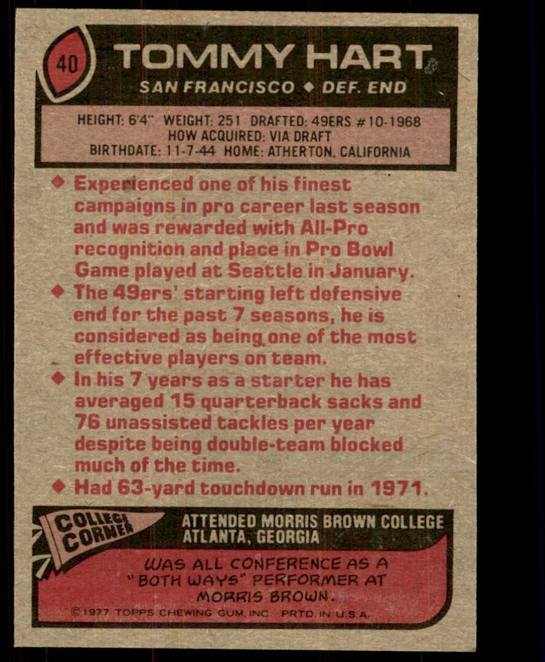 1977 Topps Tommy Hart NM or Better San Francisco 49ers #40 | eBay