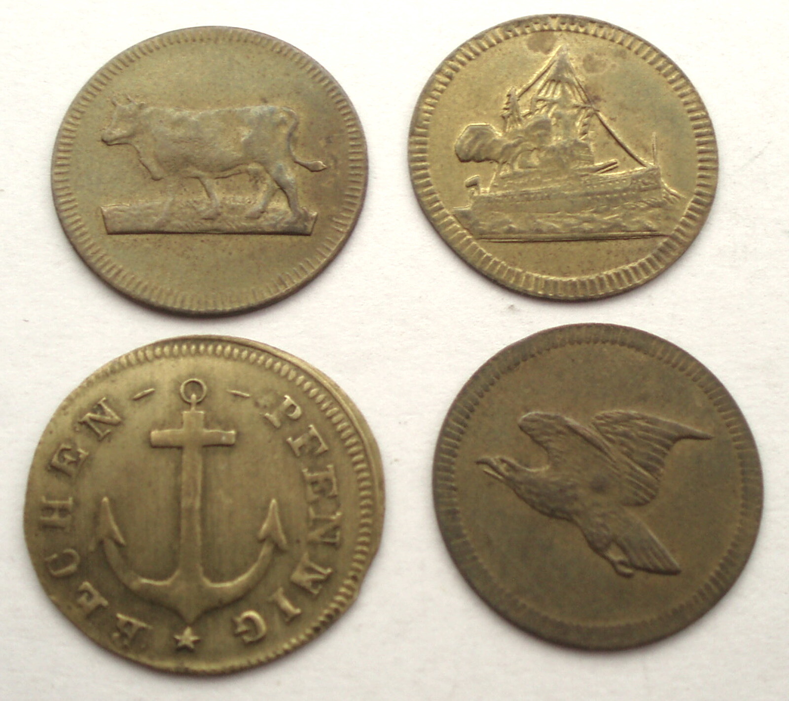 GERMANY 4 Different Spiel Marke ca1850 Gaming Tokens ca16mm Brass ...
