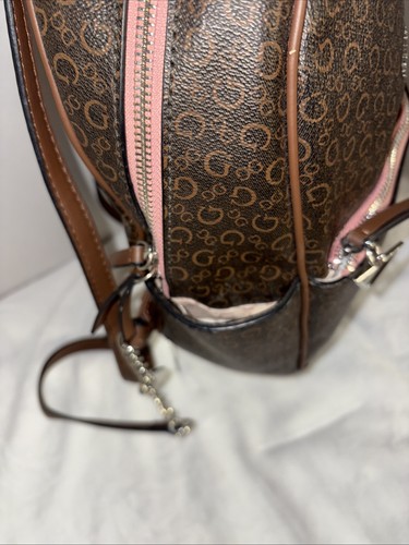Pink And Brown Guess Mini Embossed Emblem Backpack W/ 2 Silver Key ...