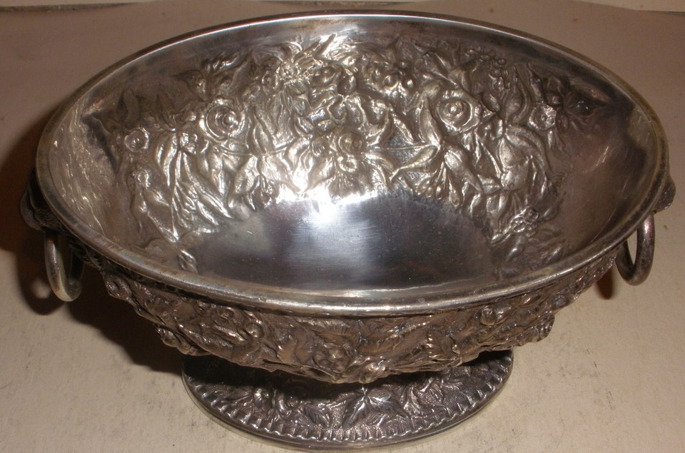 RARE ANTIQUE S KIRK &SON 11OZ COIN SILVER REPOUSSE BOWL LION HANDLES ...