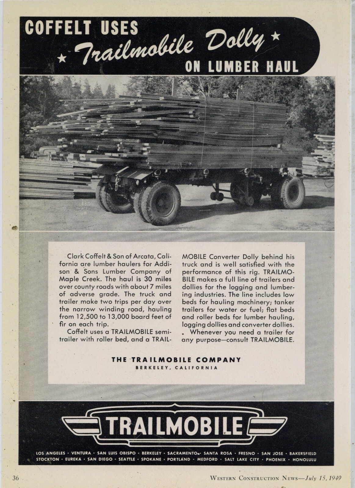 1949 Trailmobile Trailers Ad: Clark Coffelt & Son - Arcata, California ...