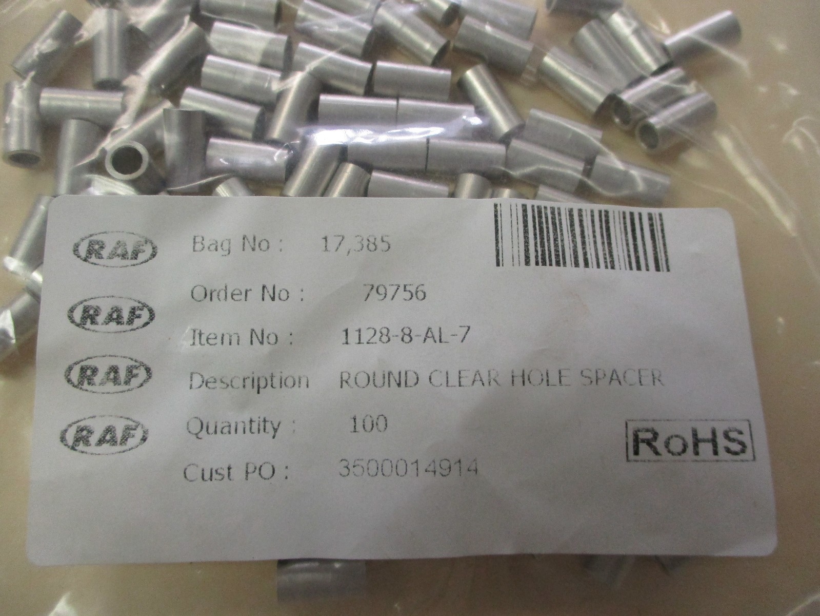 RAF 1128-8-AL-7 Spacers (Round Clear Aluminum Iridite 1/2" 1/4" OD) for ...