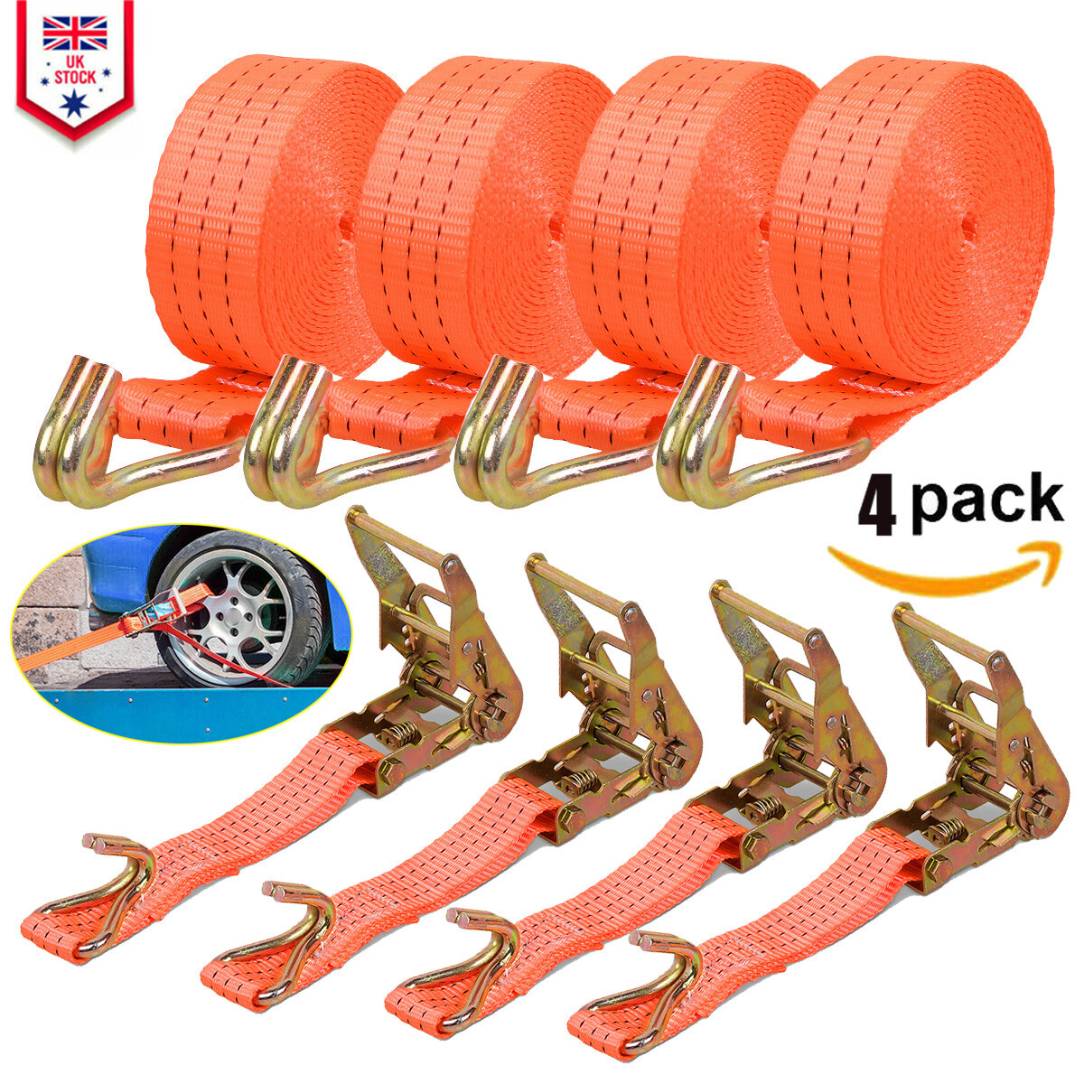 4 Set Ratchet Straps Tie Down 38mm X 6 Meter 2 ton Heavy Duty Claw ...