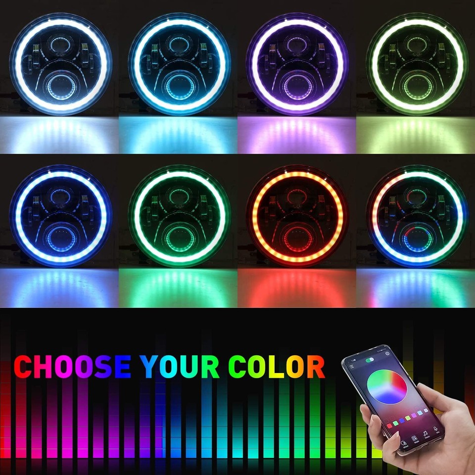 7" LED RGB Bluetooth Headlights + 4" Muti-Color Fog Lights For Jeep ...