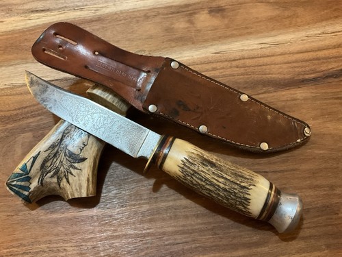 Vintage edge brand 486 fixed blade hunting knife Stag Handle W/ Sheath ...