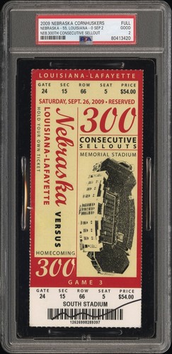 9/2/09 Nebraska 300th Consecutive Sellout NCAA College Football Ticket ...
