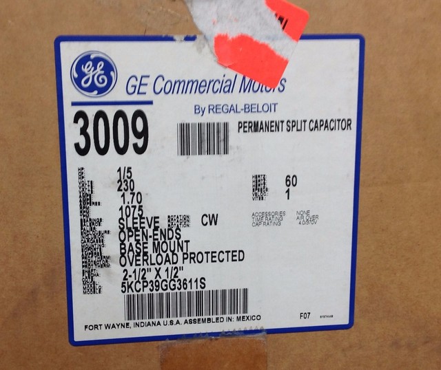 GE 3009 Permanant Split Capacitor 5kcp39gg3611s 1/5hp 1075rpm 230v 1 ...