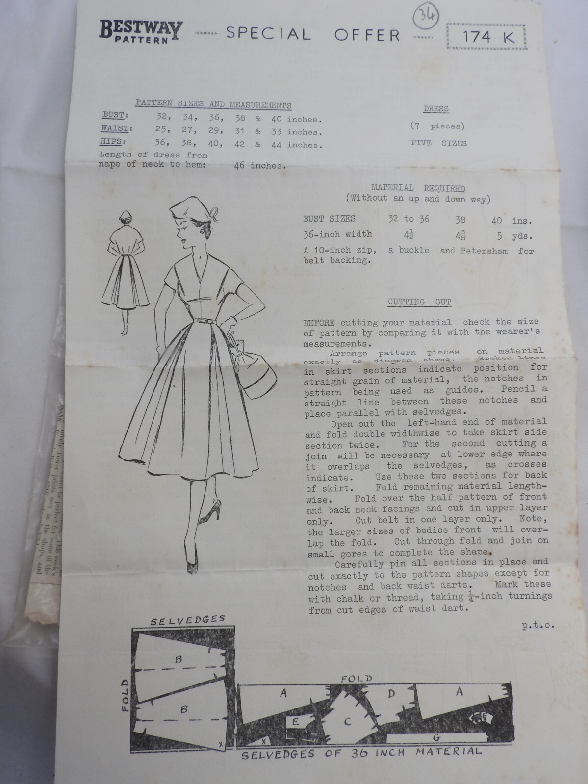 BestWay sewing pattern 174K 1950s Dress Bust Size 34 Unused | eBay UK
