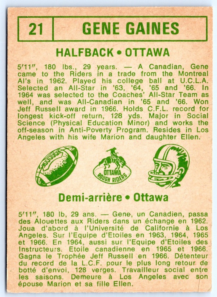GENE GAINES 1968 O-PEE-CHEE CFL FOOTBALL #21 VGEX+ 75003 | eBay