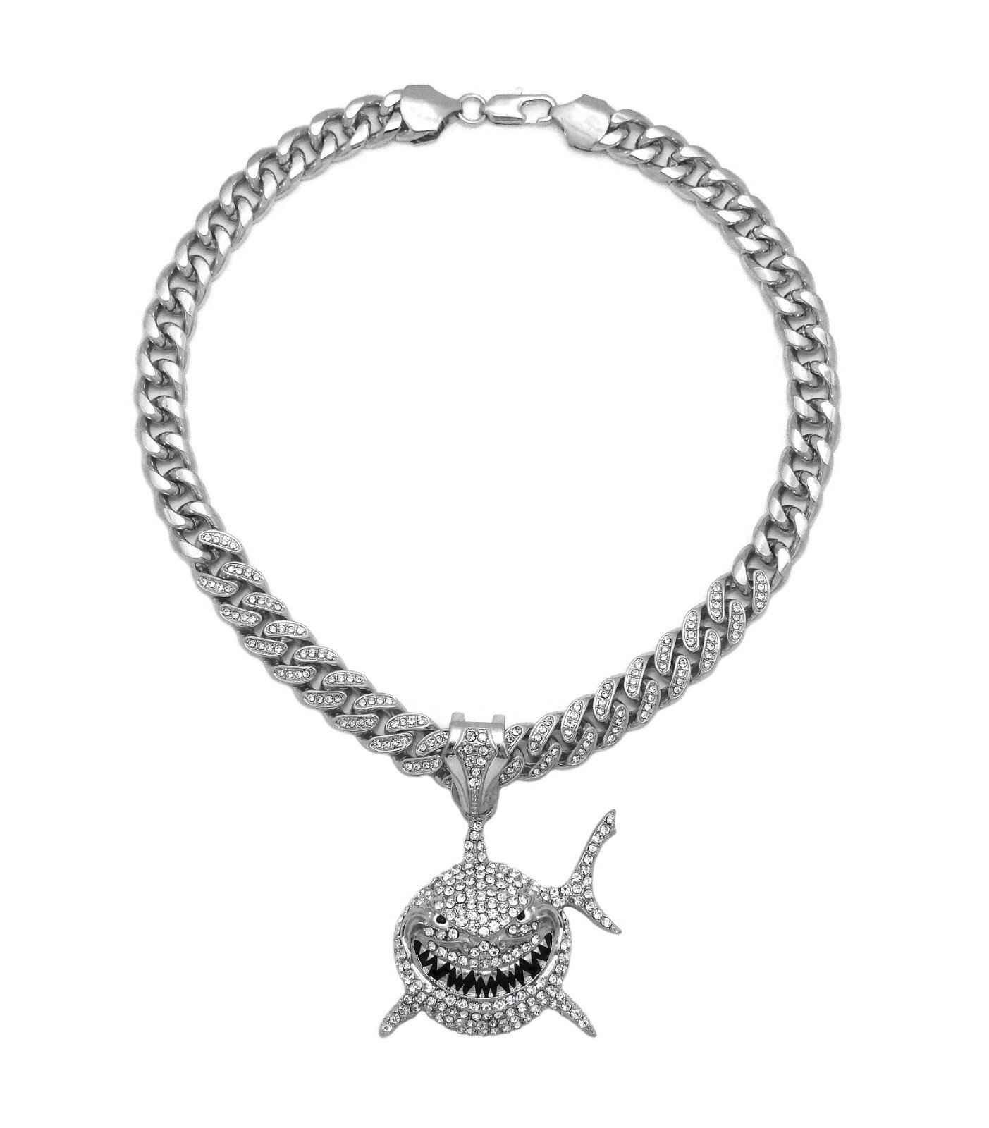 Silver PT Shark Pendant 18" 20" Partial Iced Cuban Chain Bling 6ix9ine ...