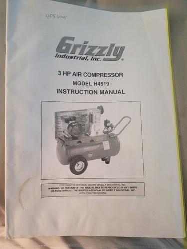 Grizzly Industrial 3 HP Air Compressor Model H4519 Instruction Manual ...