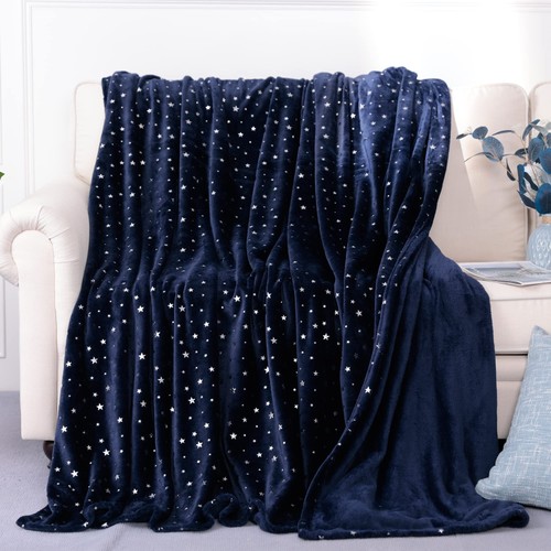 Navy Blue Throw Blanket, Ultra Soft Thick Flannel Star Foil Print ...