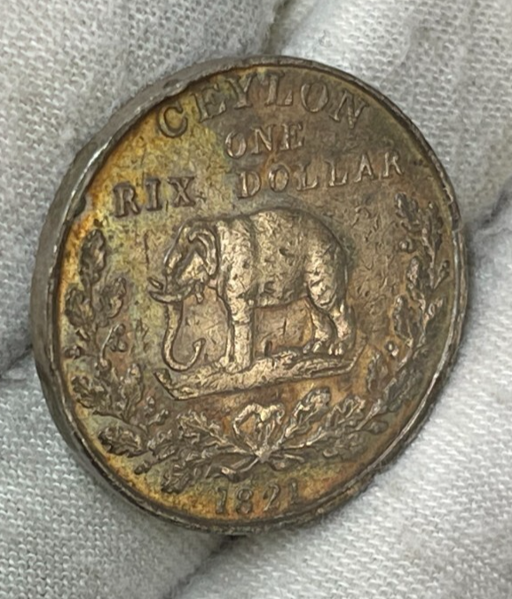 1821 Ceylon 1 Rixdollar Elephant Silver Coin Scarce Colorful Rim nick ...